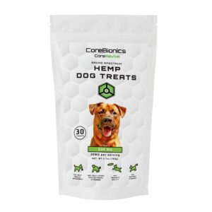 corebionics premium hemp dog treats - 600mg (30ct) - support for joint flexibility and mobility, nervousness, hyperactivity and environmentally-induced stress