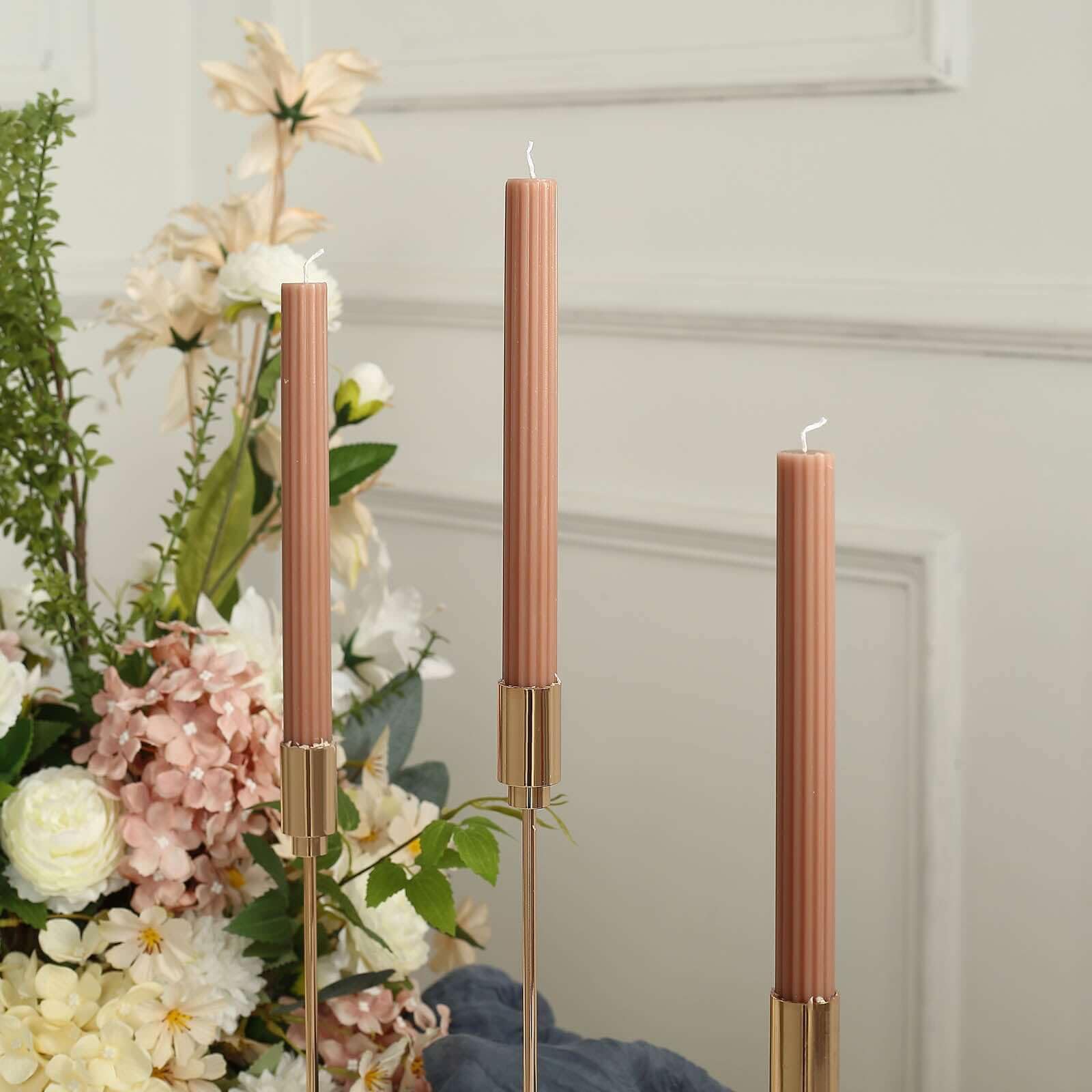 Efavormart 5 Pack | 9" Beige Premium Unscented Ribbed Wick Taper Candles, Tall Ribbon Wax Dinner Candles