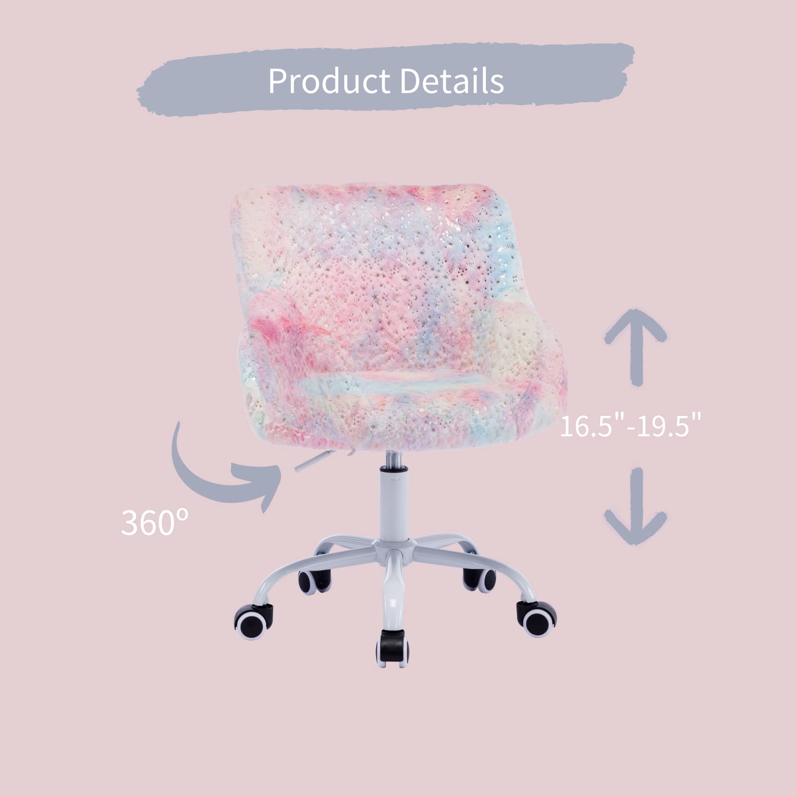 HEAH-YO Swivel Kids Chair with Wheels, Adjustable Kids Desk Chair with Armrest and Back, Cute Faux Fur Kids Study Chairs for Boys and Girls, Light Multi-Colour