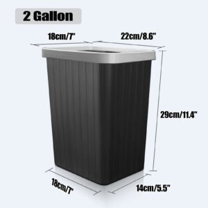 Eooch 2 Gallon Slim Trash Can with Pressing Ring, Plastic Wastebasket Garbage Container Bin for Bathroom, Kitchen, Bedroom, Office,2 Pack(Black+Black)