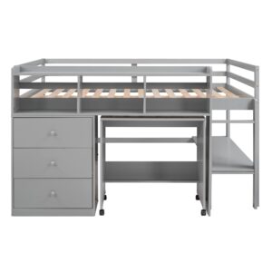 Wood Full Size Low Loft Bed with Rolling Portable Desk and Drawers,Shelves and Safety GuardRails,for Kids Boys Girls Teens Adults Bedroom (Gray@f, Full)