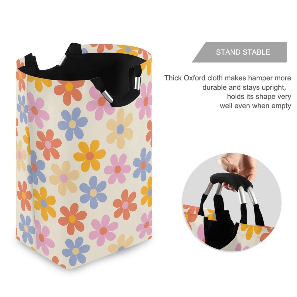 Aslsiy Floral 70s Laundry Basket Groovy Daisy Flowers Laundry Hamper with Handles Waterproof Clothes Bucket Washing Bin Dirty Baskets Toy Storage for Home College Dorm Bathroom 50L