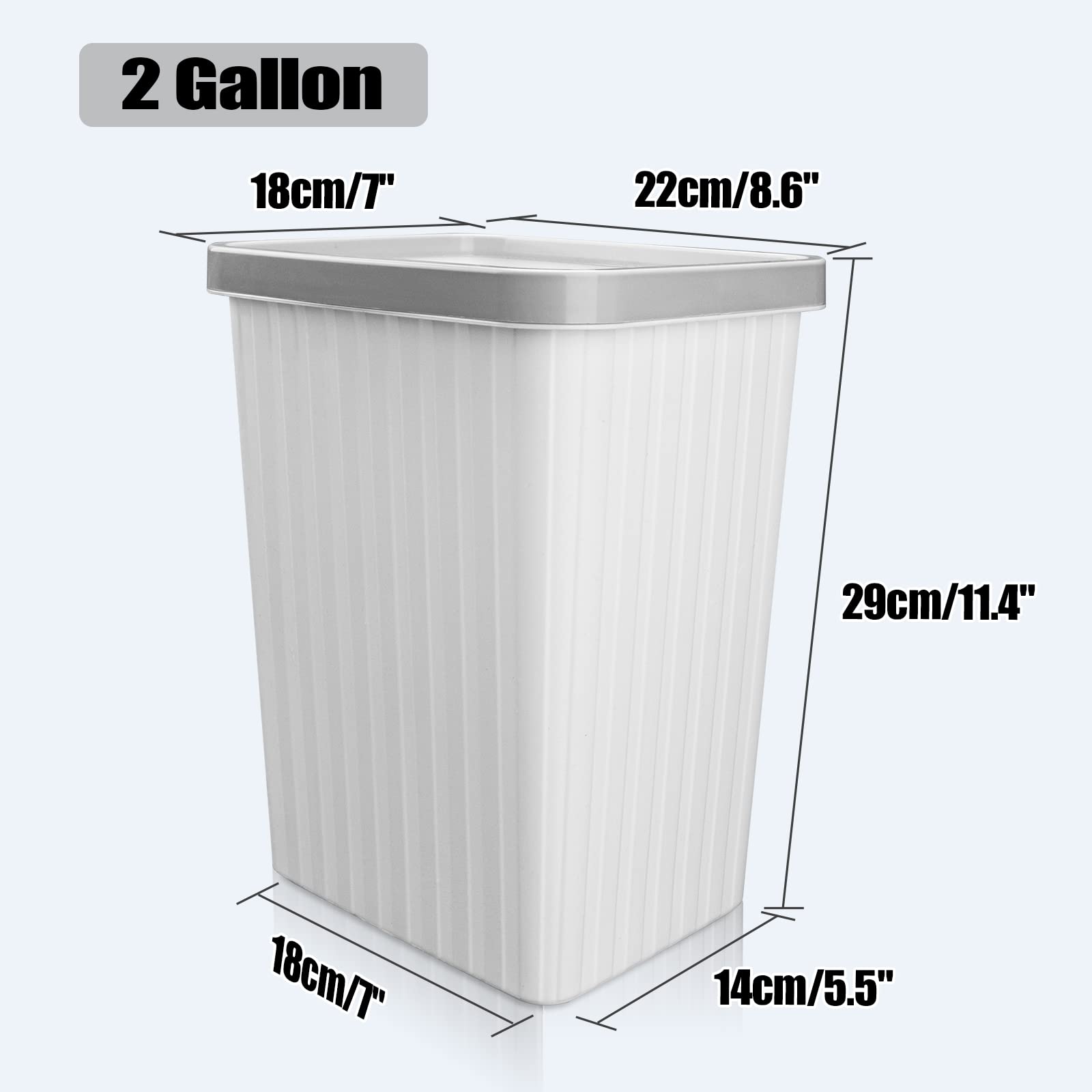 Eooch 2 Gallon Slim Trash Can with Pressing Ring, Plastic Wastebasket Garbage Container Bin for Bathroom, Kitchen, Bedroom, Office,2 Pack(White+White)