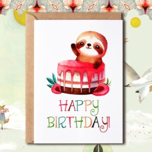 NTVShop Sloth Happy Birthday Card - Sloth Birthday Card - Birthday Card - Sloth Lover Gift - Sloth Cake Card - Cute Birthday Card