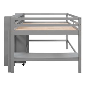 Wood Full Size Low Loft Bed with Rolling Portable Desk and Drawers,Shelves and Safety GuardRails,for Kids Boys Girls Teens Adults Bedroom (Gray@f, Full)