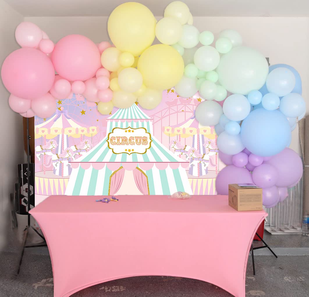 Ayayiya Pink Circus Backdrop for Girl Pastel Carnival Carousel Birthday Party Decorations Big Top Tent Ferris Wheel Photography Background Sweet Baby Shower Cake Table Banner Photo Booth Props 7x5ft