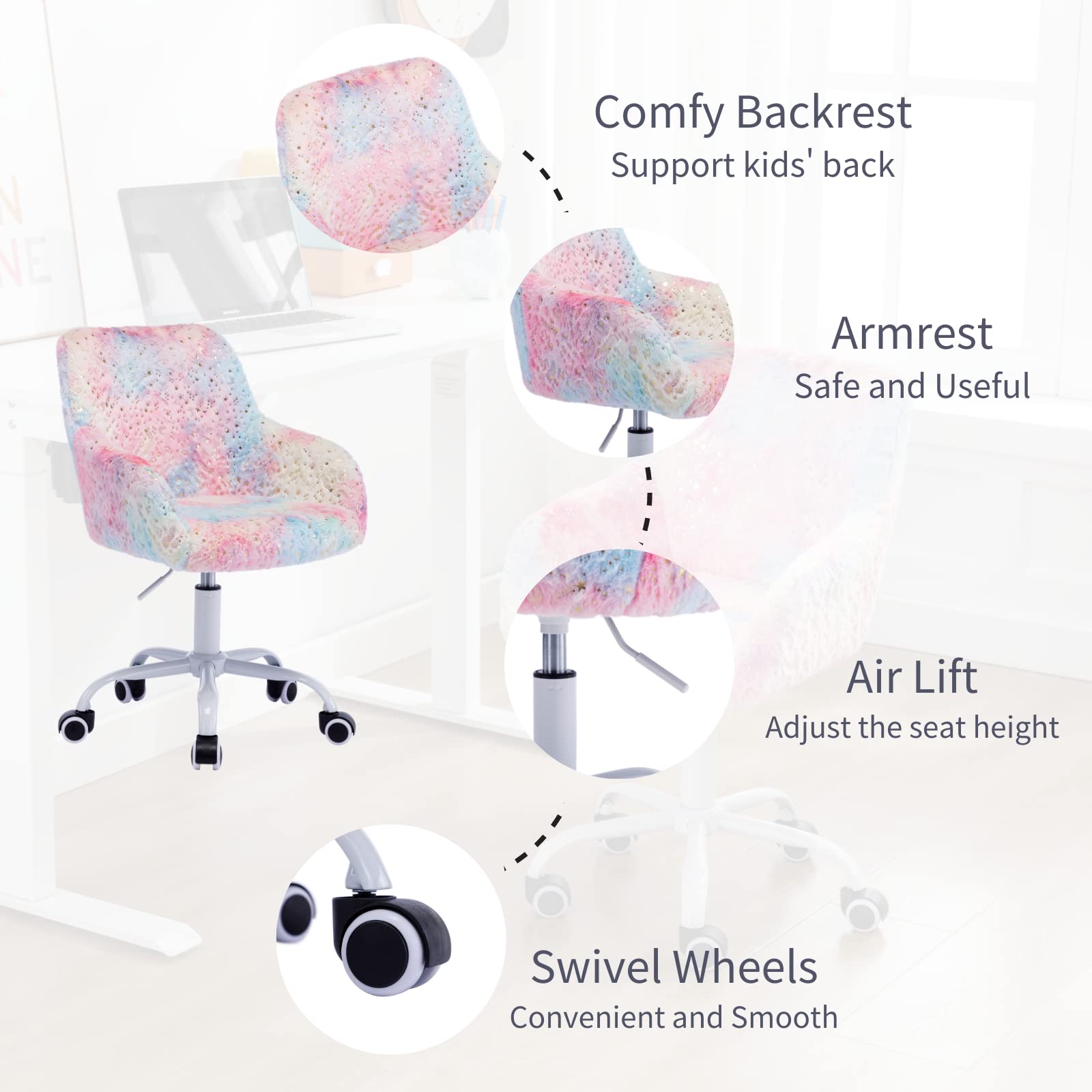 HEAH-YO Swivel Kids Chair with Wheels, Adjustable Kids Desk Chair with Armrest and Back, Cute Faux Fur Kids Study Chairs for Boys and Girls, Light Multi-Colour