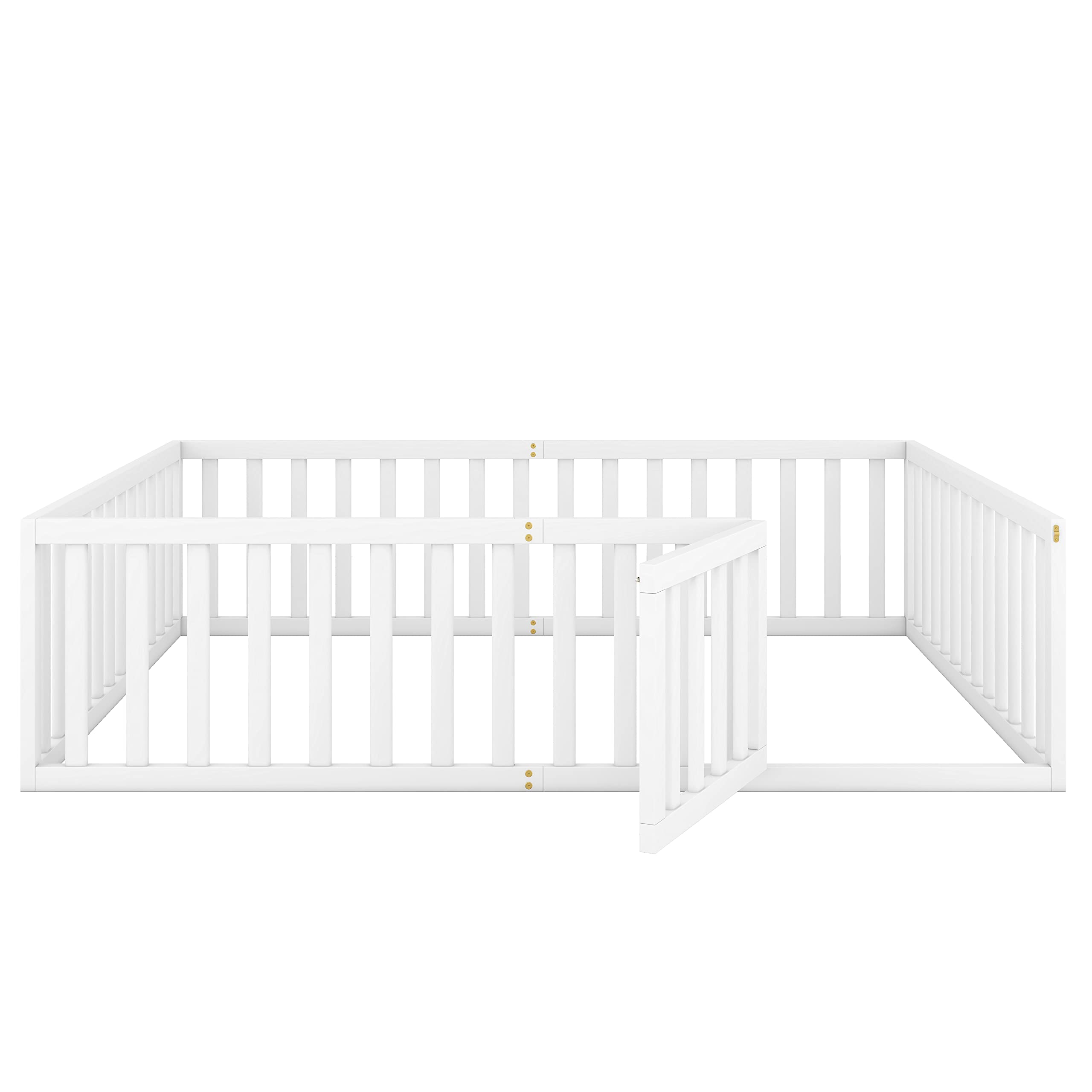 Harper & Bright Designs Queen Floor Bed with Rails, Wood Floor Bed Frame with Fence and Door, for Kids Girls Boys (White)