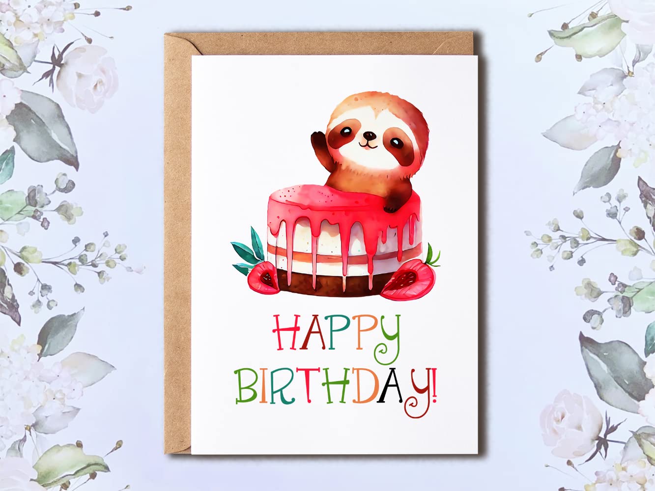 NTVShop Sloth Happy Birthday Card - Sloth Birthday Card - Birthday Card - Sloth Lover Gift - Sloth Cake Card - Cute Birthday Card