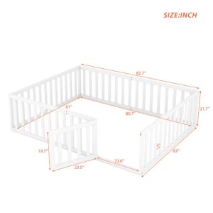 Harper & Bright Designs Queen Floor Bed with Rails, Wood Floor Bed Frame with Fence and Door, for Kids Girls Boys (White)