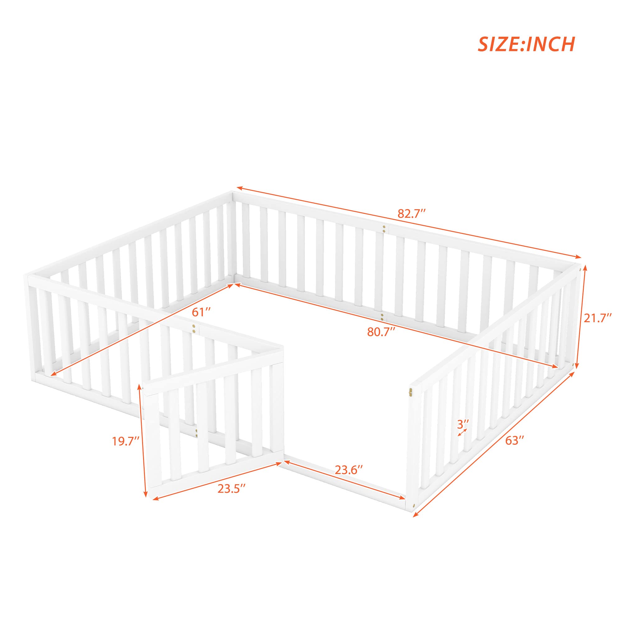 Harper & Bright Designs Queen Floor Bed with Rails, Wood Floor Bed Frame with Fence and Door, for Kids Girls Boys (White)