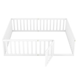 Harper & Bright Designs Queen Floor Bed with Rails, Wood Floor Bed Frame with Fence and Door, for Kids Girls Boys (White)