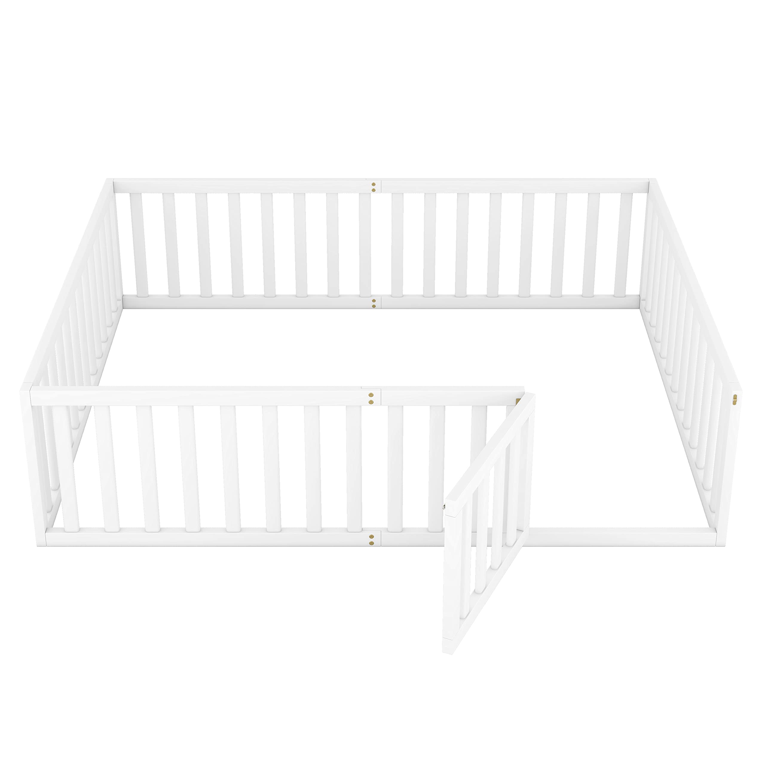 Harper & Bright Designs Queen Floor Bed with Rails, Wood Floor Bed Frame with Fence and Door, for Kids Girls Boys (White)