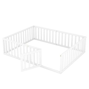 Harper & Bright Designs Queen Floor Bed with Rails, Wood Floor Bed Frame with Fence and Door, for Kids Girls Boys (White)