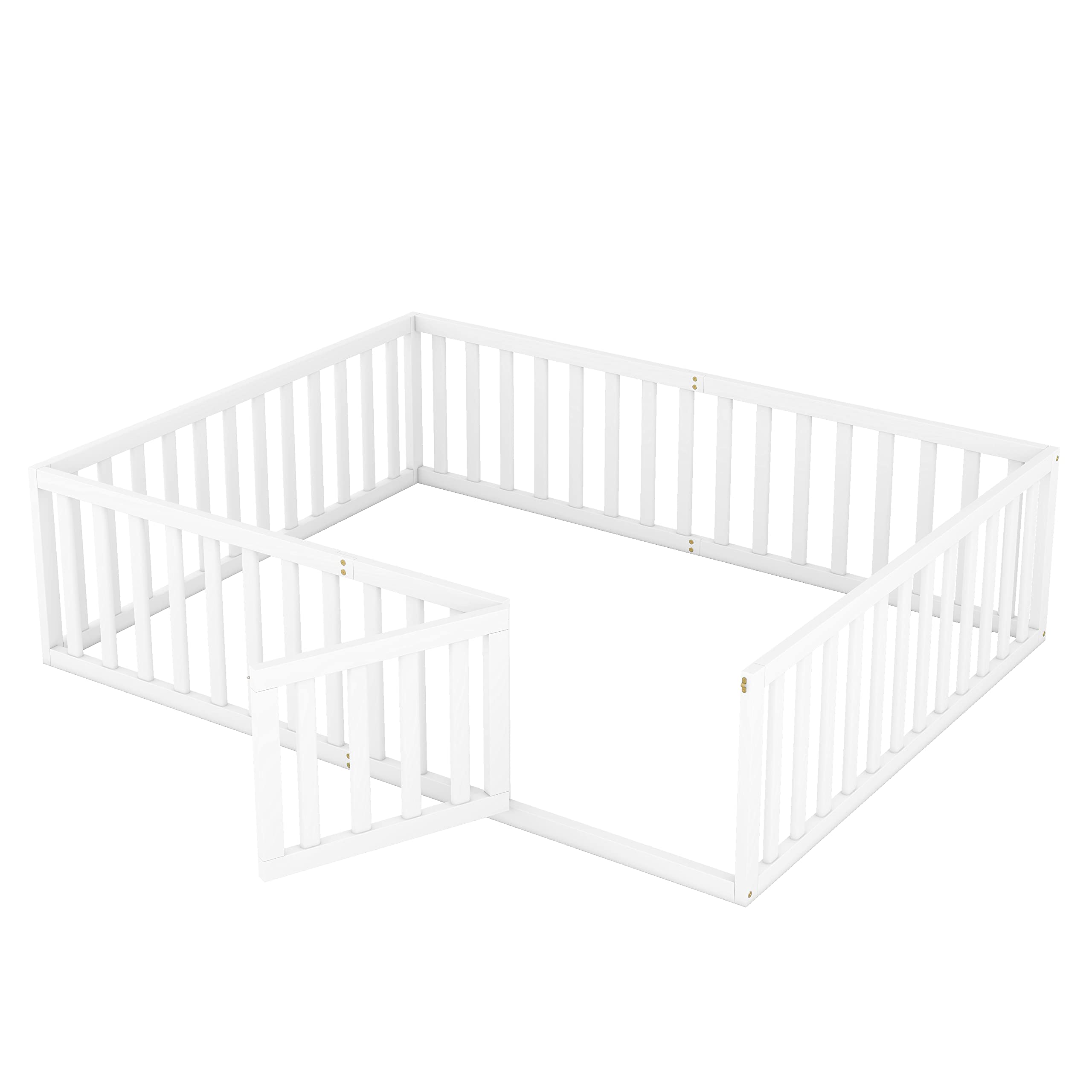 Harper & Bright Designs Queen Floor Bed with Rails, Wood Floor Bed Frame with Fence and Door, for Kids Girls Boys (White)