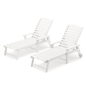 lue bona outdoor chaise lounge chairs set of 2, hdps material, 3-year warranty, patio lounge chair with adjustable backrest, resin pool lounge chairs with wheels for outside, poolside, beach, white