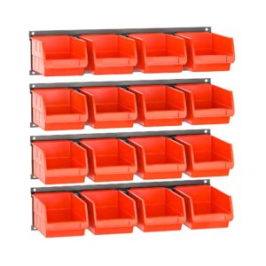 tnine 16-pack plastic wall-mounted stackable storage bins with 4 steel rails - tool organizer for garage or workshop