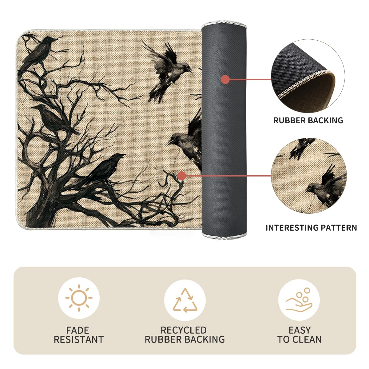 Artoid Mode Crows Tree Branches Halloween Kitchen Mats Set of 2, Home Decor Low-Profile Kitchen Rugs for Floor - 17x29 and 17x47 Inch