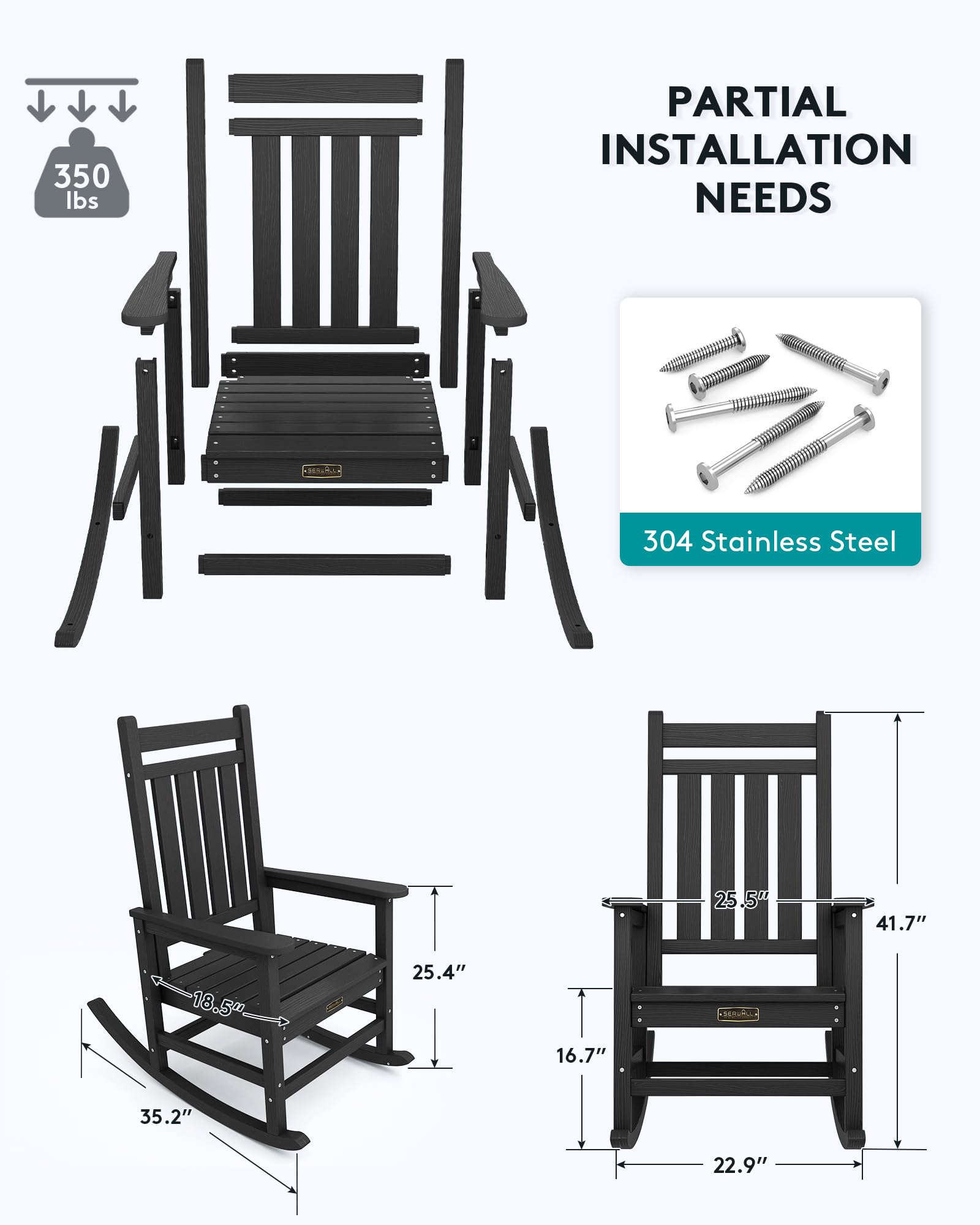 SERWALL Outdoor Rocking Chair Set of 2, HDPE Rocking Chairs for Adult, Black