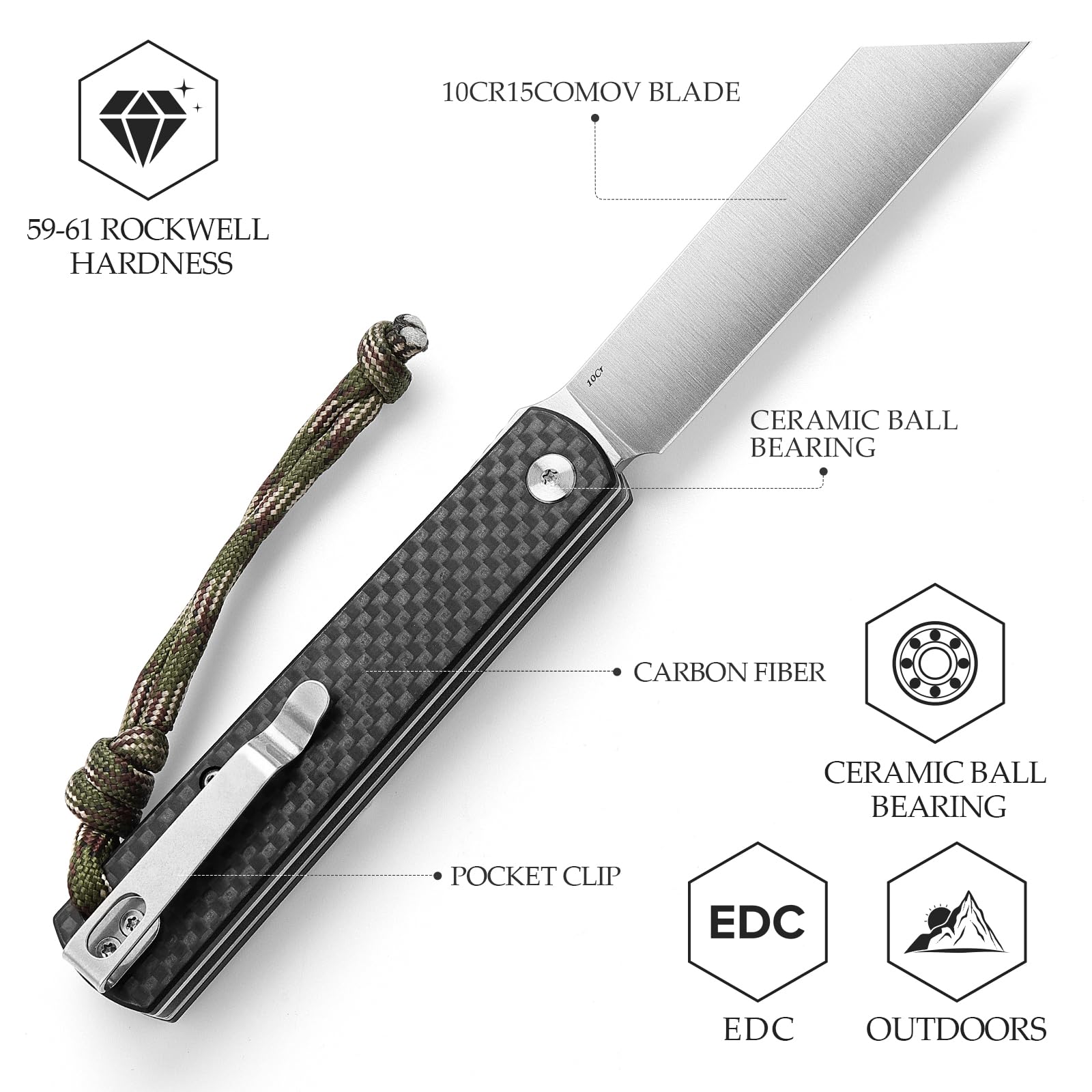 TRIVISA Japanese Higonokami Razor Folding Pocket Knife for Men or Women，Camping EDC Tool Outdoor Button Lock Knives with Pocket Clip，3.2" 10Cr15CoMoV Blade and Carbon Fiber Handle Hydra-05