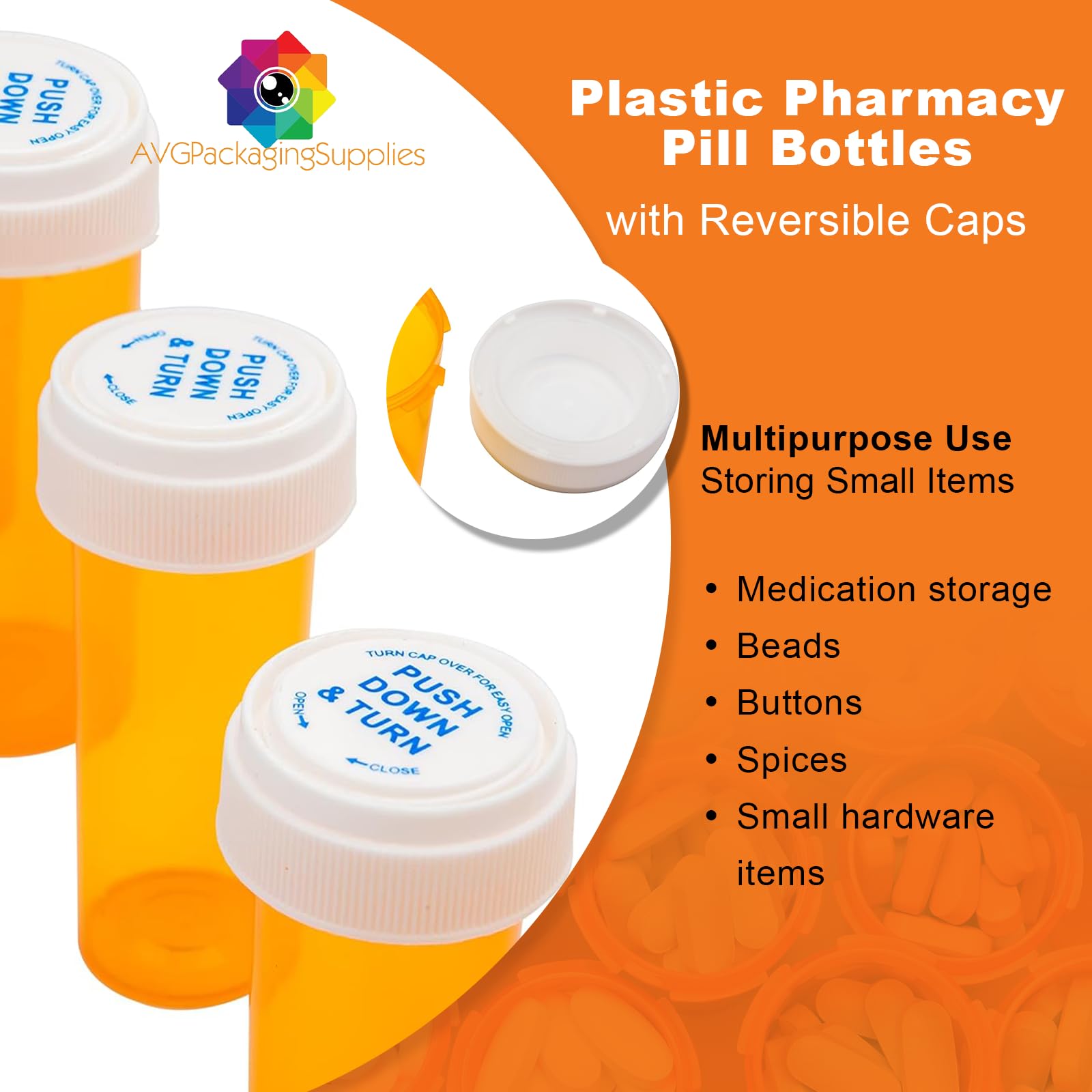 AVG Packaging Supplies Reversible Plastic Pharmacy Pill Bottles with Reversible Caps - Pharmacy Prescription Empty Containers, 13 Dram Vials (275ct)