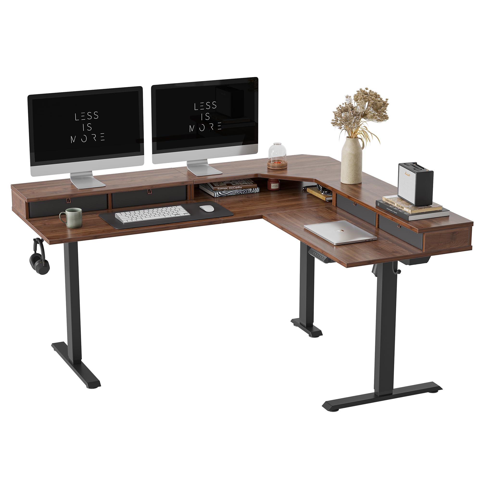 FEZIBO 63" L Shaped Standing Desk with Drawers, Electric Adjustable Height Standing Gaming Desk L Shape, Black Walnut Top/Black Frame