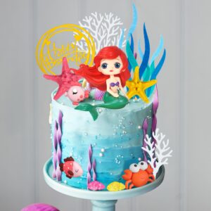 17 PCS Mermaid Cake Toppers Ocean Animals Under the Sea Cake Decorations with Ariel Model for Mermaid Under the Sea Theme Baby Shower Birthday Party Supplies (style 1)