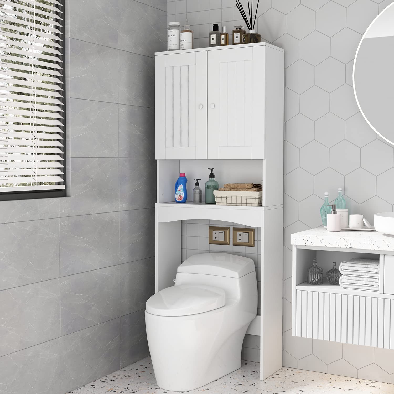 LifeSky Over The Toilet Cabinet - Bathroom Over Toilet Storage Cabinet with Doors - Space Saver Storage for Bathroom White