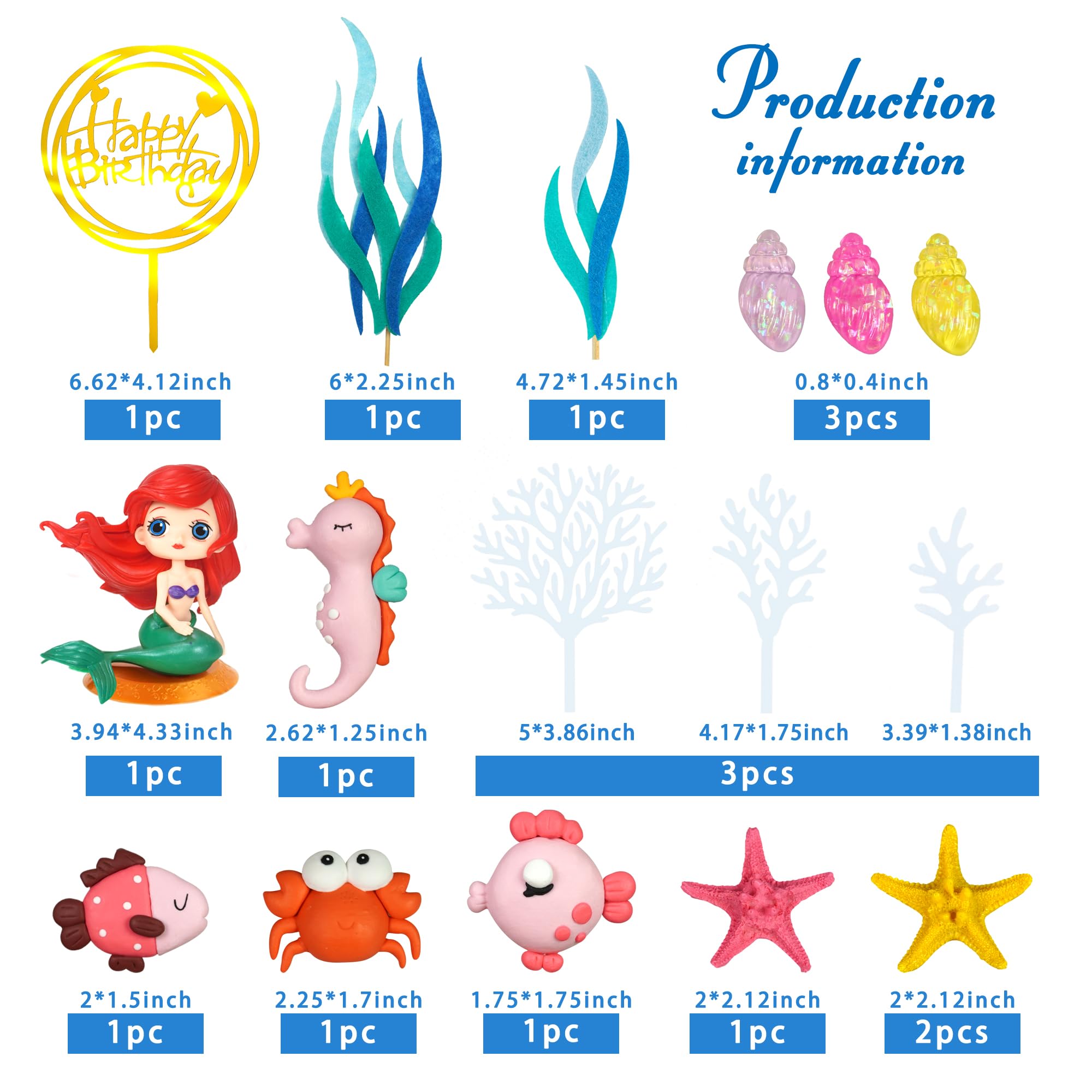 17 PCS Mermaid Cake Toppers Ocean Animals Under the Sea Cake Decorations with Ariel Model for Mermaid Under the Sea Theme Baby Shower Birthday Party Supplies (style 1)