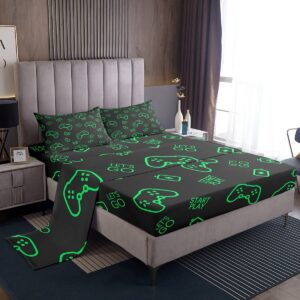 gaming sheet set king size gamepad bed sheets set for boys teens bedroom game room decor sheets with deep pocket fitted sheet women men fluorescent green joystick bedding set with 2 pillow case