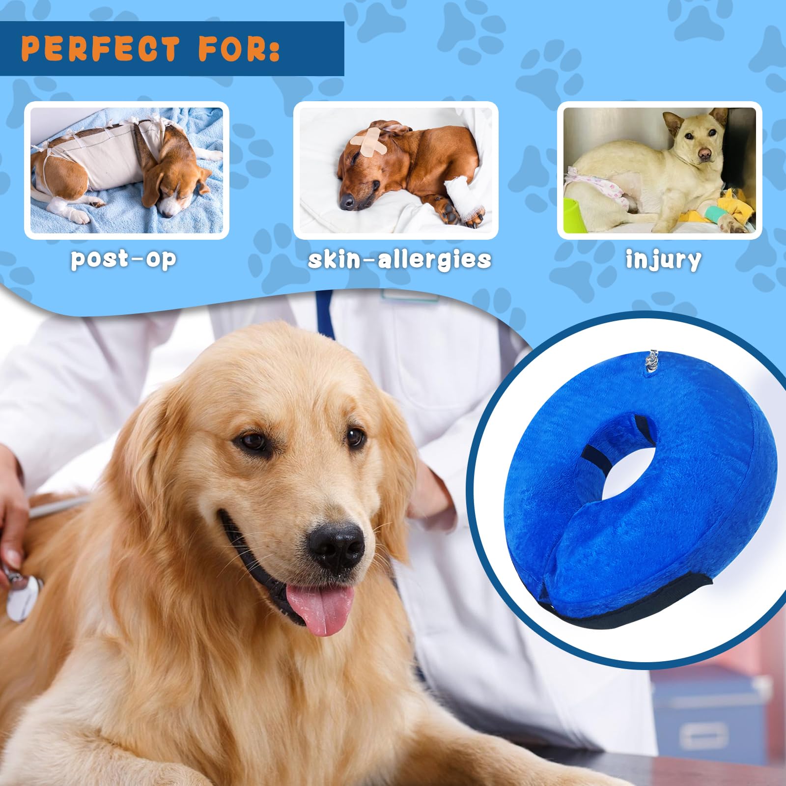 infisu Inflatable Dog Cone Collar (L Size), Soft Blow-up Protective Recovery Dog Collar, Pet Donut Cone Collar, Comfy Elizabethan Collar After Surgery for Medium Dog to Prevent Biting Scratching, Blue