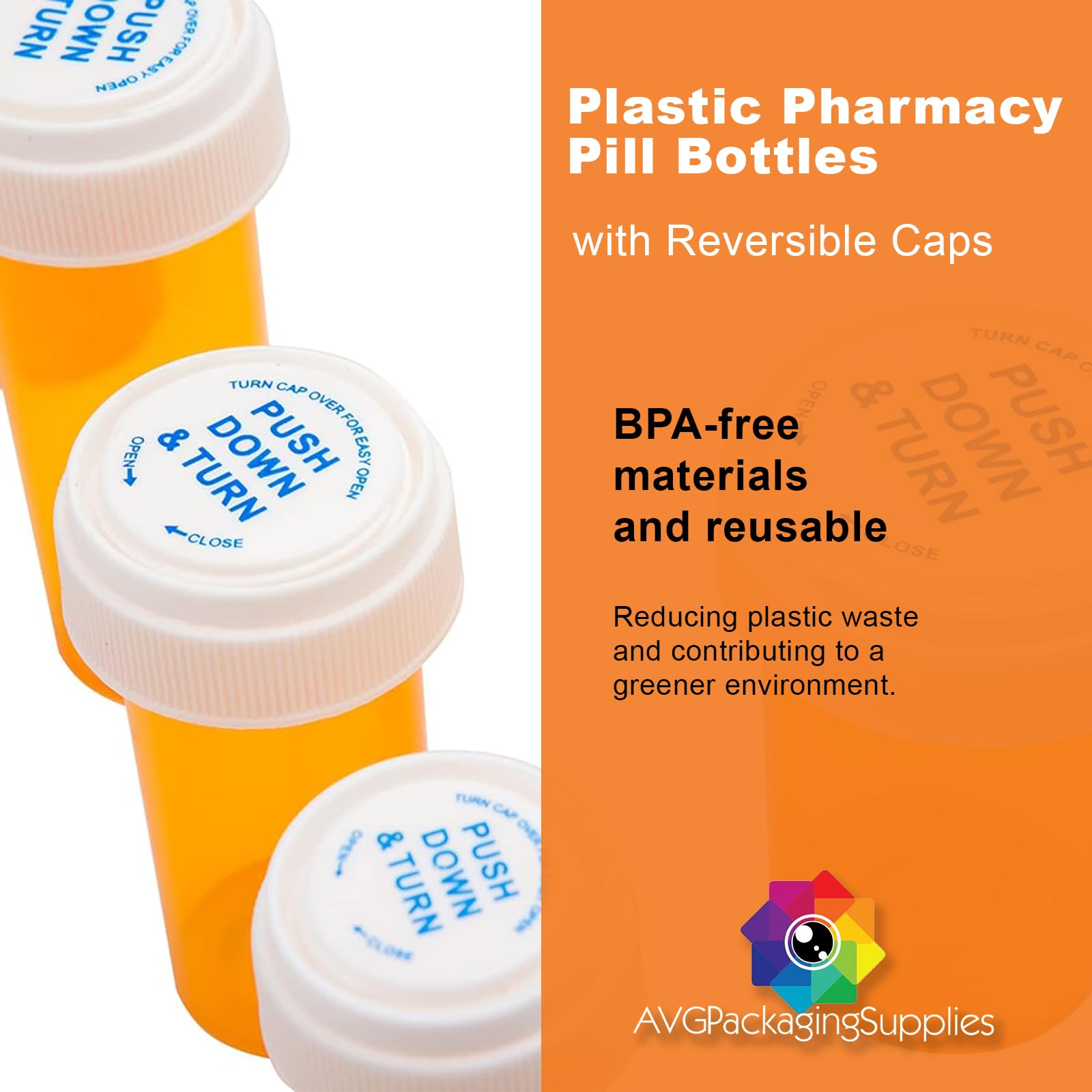 AVG Packaging Supplies Reversible Plastic Pharmacy Pill Bottles with Reversible Caps - Pharmacy Prescription Empty Containers, 13 Dram Vials (275ct)