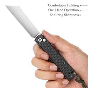 TRIVISA Japanese Higonokami Razor Folding Pocket Knife for Men or Women，Camping EDC Tool Outdoor Button Lock Knives with Pocket Clip，3.2" 10Cr15CoMoV Blade and Carbon Fiber Handle Hydra-05