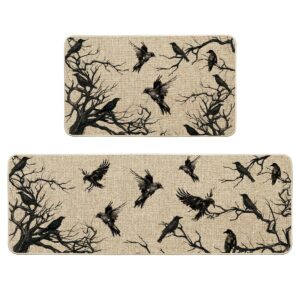 artoid mode crows tree branches halloween kitchen mats set of 2, home decor low-profile kitchen rugs for floor - 17x29 and 17x47 inch