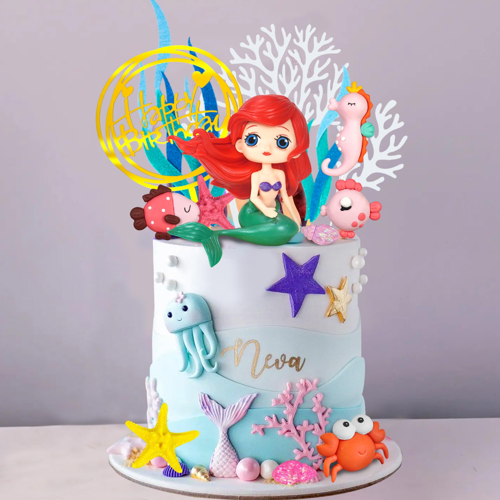 17 PCS Mermaid Cake Toppers Ocean Animals Under the Sea Cake Decorations with Ariel Model for Mermaid Under the Sea Theme Baby Shower Birthday Party Supplies (style 1)