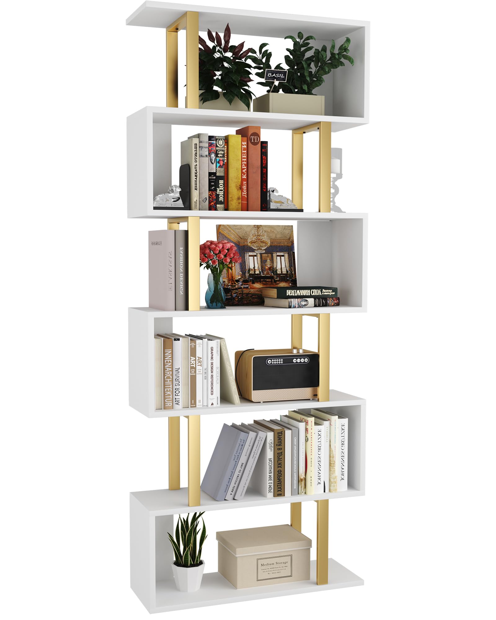 Yusong Geometric Bookcase, S Shaped Bookshelf 6-Tier Book Shelves for Bedroom, Modern Wood Decorative Display Shelf Tall Book Case for Home Office, Gold and White