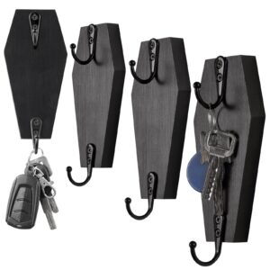 4 pieces coffin wall hook for keys - spooky gothic home decor for wall - rustic black wooden hanger for keys, mugs, purse, towel, clothes - wall mounted mini coffins hanger for halloween decoration