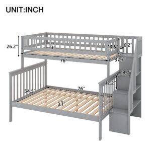 Harper & Bright Designs Twin Over Full Bunk Beds with Stairs, Wood Bunk Bed with Storage and Guard Rails,Bunk Beds Twin Over Full Size for Kids, Bedroom, Dorm, Teens, Adults, Grey