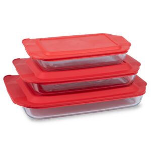 pyrex basics 3-pack glass baking dish set (2qt, 3qt, 4.8qt) with bpa-free lids, rectangular glass bakeware, dishwasher, microwave, freezer & pre-heated oven safe