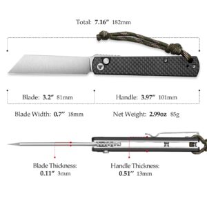 TRIVISA Japanese Higonokami Razor Folding Pocket Knife for Men or Women，Camping EDC Tool Outdoor Button Lock Knives with Pocket Clip，3.2" 10Cr15CoMoV Blade and Carbon Fiber Handle Hydra-05