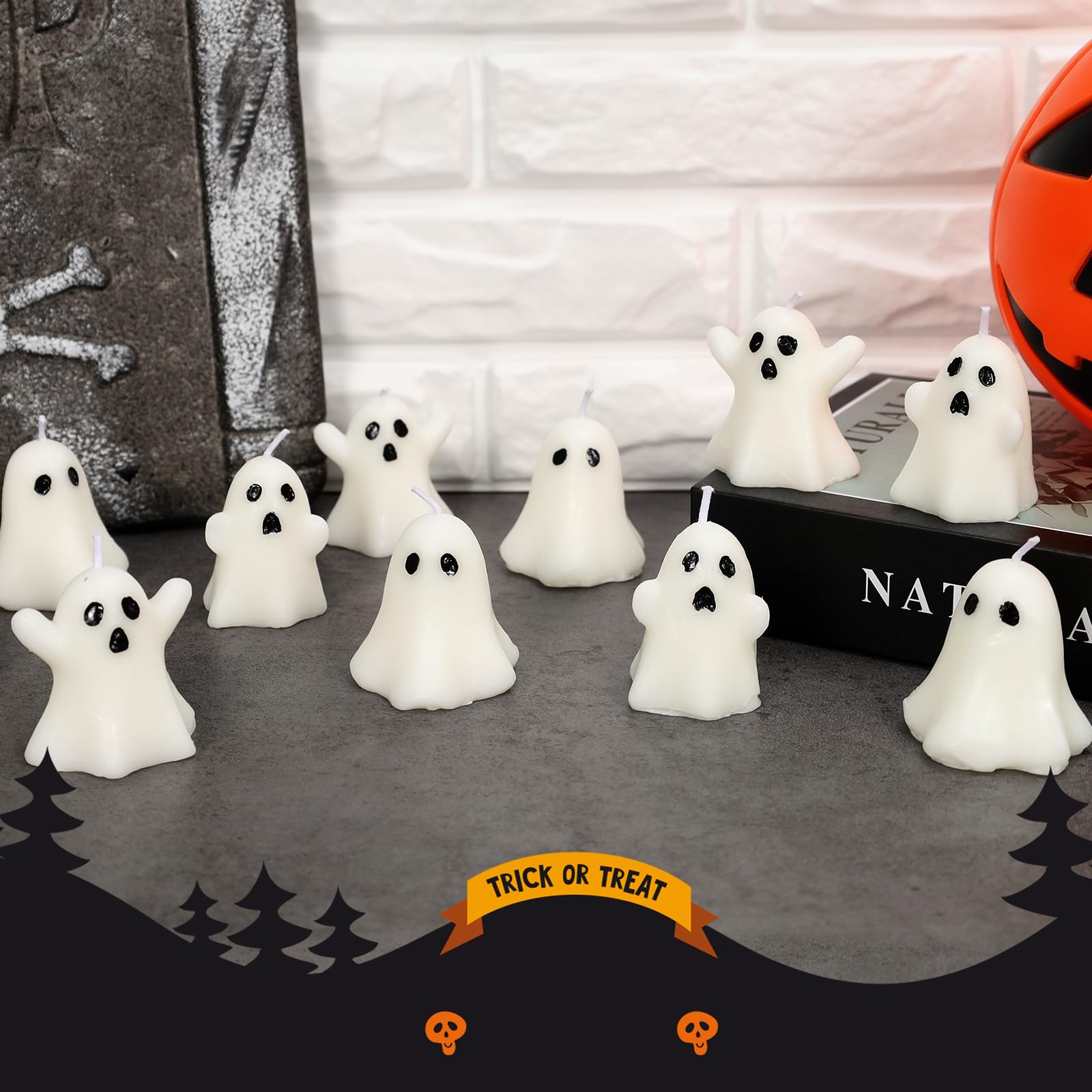 21 PCS Halloween Ghost Candles Spooky Candles White Floating Candles Halloween Decorative Tabletop Candle White Dripless Wax Burning Candles for Halloween Party