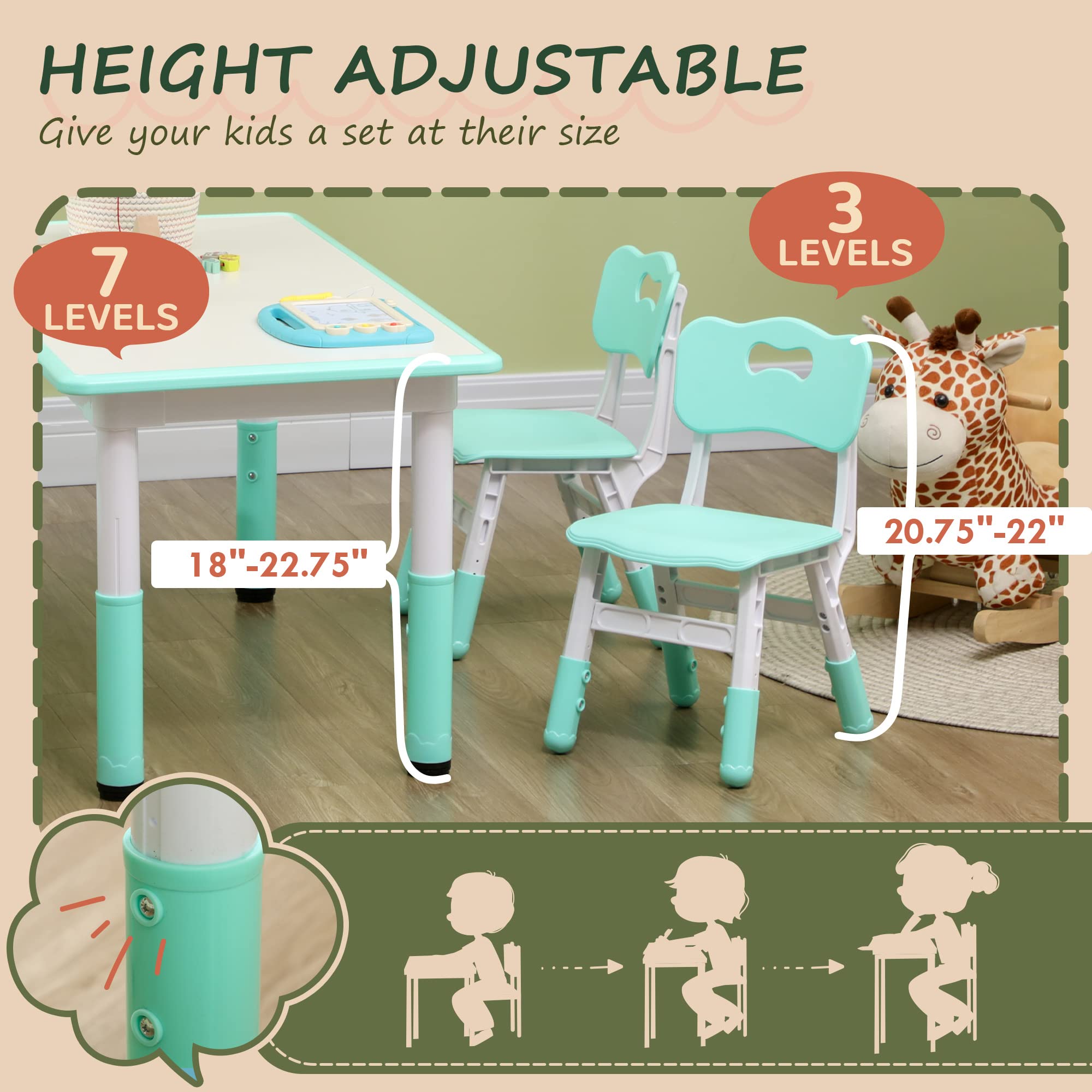 Qaba Kids Table and Chair Set, 5 Piece Toddler Table and Chair Set with 4 Chairs Adjustable Height, for Snack Time, Homeschooling Aged 1.5-5 Years Old, Green