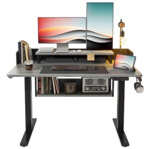 fezibo 48" electric standing desk with shelves, 48 x 24 inch sit stand rising desk with monitor stand and storage, ergonomic home office computer desk, rustic