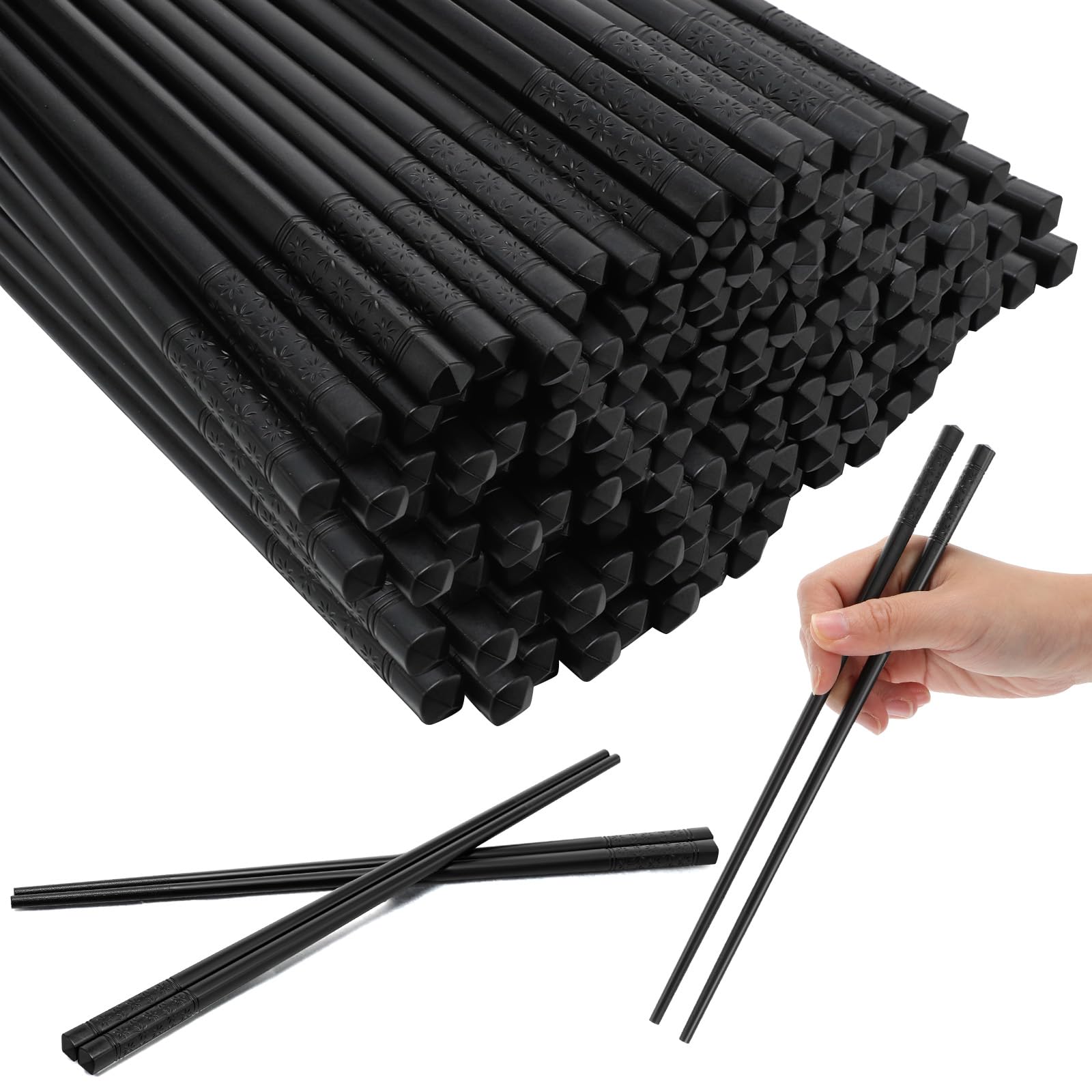 Dandat 48 Pairs Fiberglass Chopsticks Reusable Chopsticks 9.5" Dishwasher Safe Non Slip Chopsticks Chinese Style Japanese Food Cooking Chopsticks Black Cherry Blossom Beginners Chopsticks