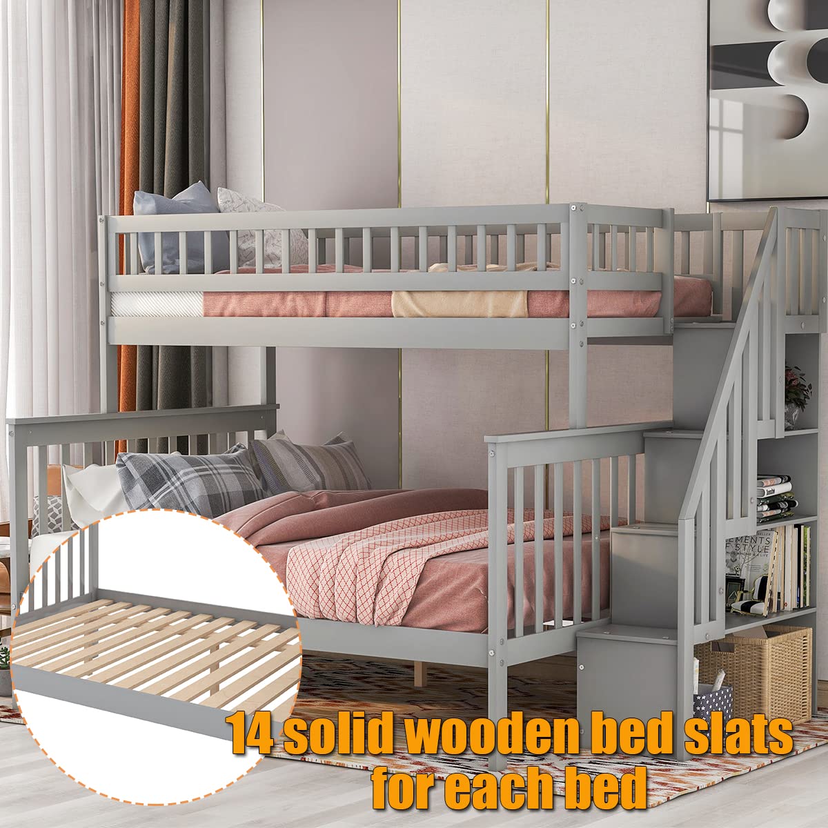 Harper & Bright Designs Twin Over Full Bunk Beds with Stairs, Wood Bunk Bed with Storage and Guard Rails,Bunk Beds Twin Over Full Size for Kids, Bedroom, Dorm, Teens, Adults, Grey