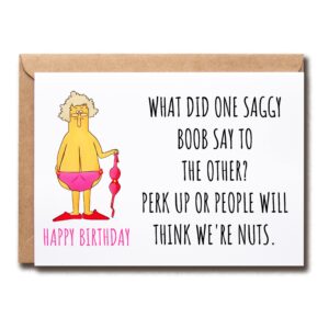 ntvshop what did one saggy boob say to the other - hilarious birthday card for her - rude birthday card for woman - happy 50th 60th 70th