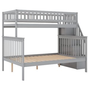 Harper & Bright Designs Twin Over Full Bunk Beds with Stairs, Wood Bunk Bed with Storage and Guard Rails,Bunk Beds Twin Over Full Size for Kids, Bedroom, Dorm, Teens, Adults, Grey