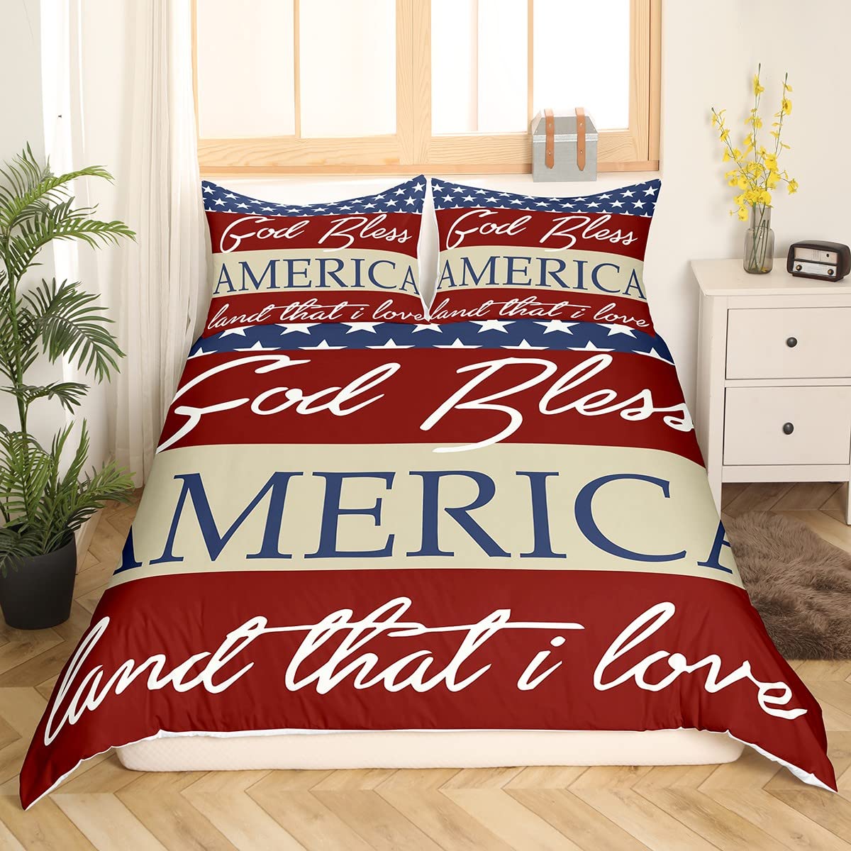 Independence Day Memorial Day Bedding Duvet Cover Set Queen Size 4th of July Bedding American Flag Comforter Cover Set Microfiber Bedspread Cover Patriotic Bedroom Bedclothes