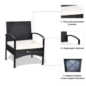 COSTWAY 3 PCS Patio Wicker Conversation Set, PE Rattan Sofa with Tempered Glass Coffee Table, 2 Chairs, 2 Cushions, Outdoor Patio Furniture Set for Yard Porch Bistro Balcony Backyard Pool, White