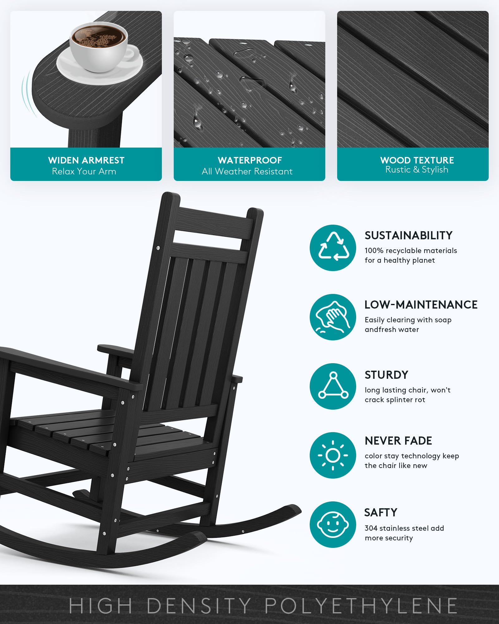 SERWALL Outdoor Rocking Chair Set of 2, HDPE Rocking Chairs for Adult, Black